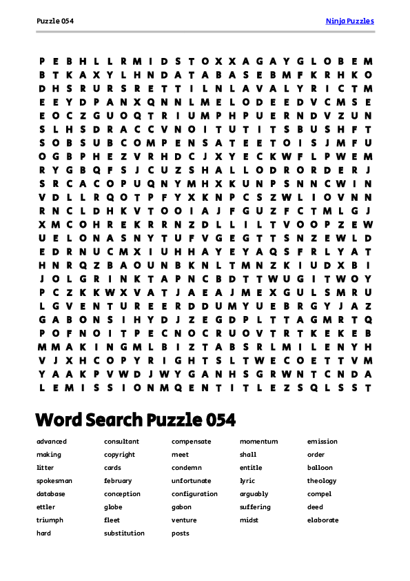 Free Printable Puzzle 054 themed Word Search Puzzle - Free Printable PDF