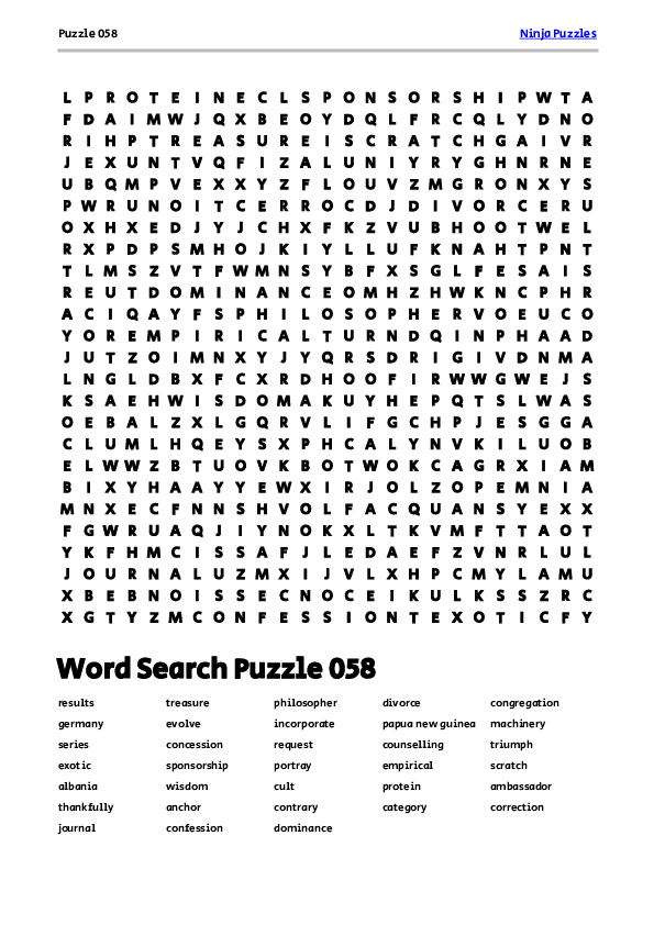 Free Printable Puzzle 058 themed Word Search Puzzle - Free Printable PDF