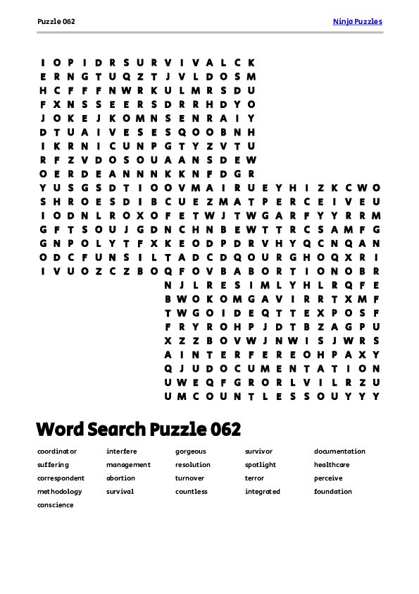 Free Printable Puzzle 062 themed Word Search Puzzle - Free Printable PDF