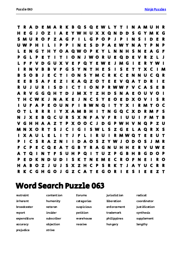 Free Printable Puzzle 063 themed Word Search Puzzle - Free Printable PDF