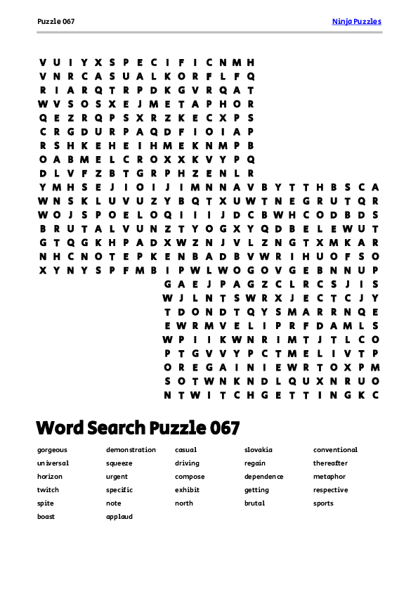 Free Printable Puzzle 067 themed Word Search Puzzle - Free Printable PDF