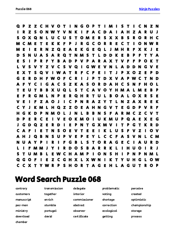 Free Printable Puzzle 068 themed Word Search Puzzle - Free Printable PDF