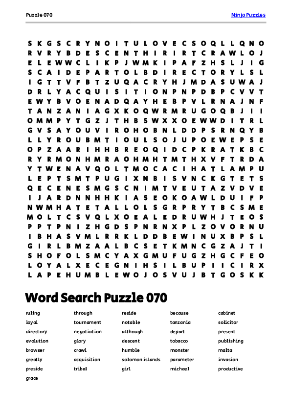 Free Printable Puzzle 070 themed Word Search Puzzle - Free Printable PDF