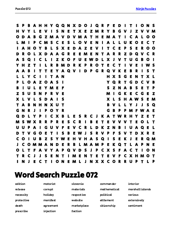 Free Printable Puzzle 072 themed Word Search Puzzle - Free Printable PDF