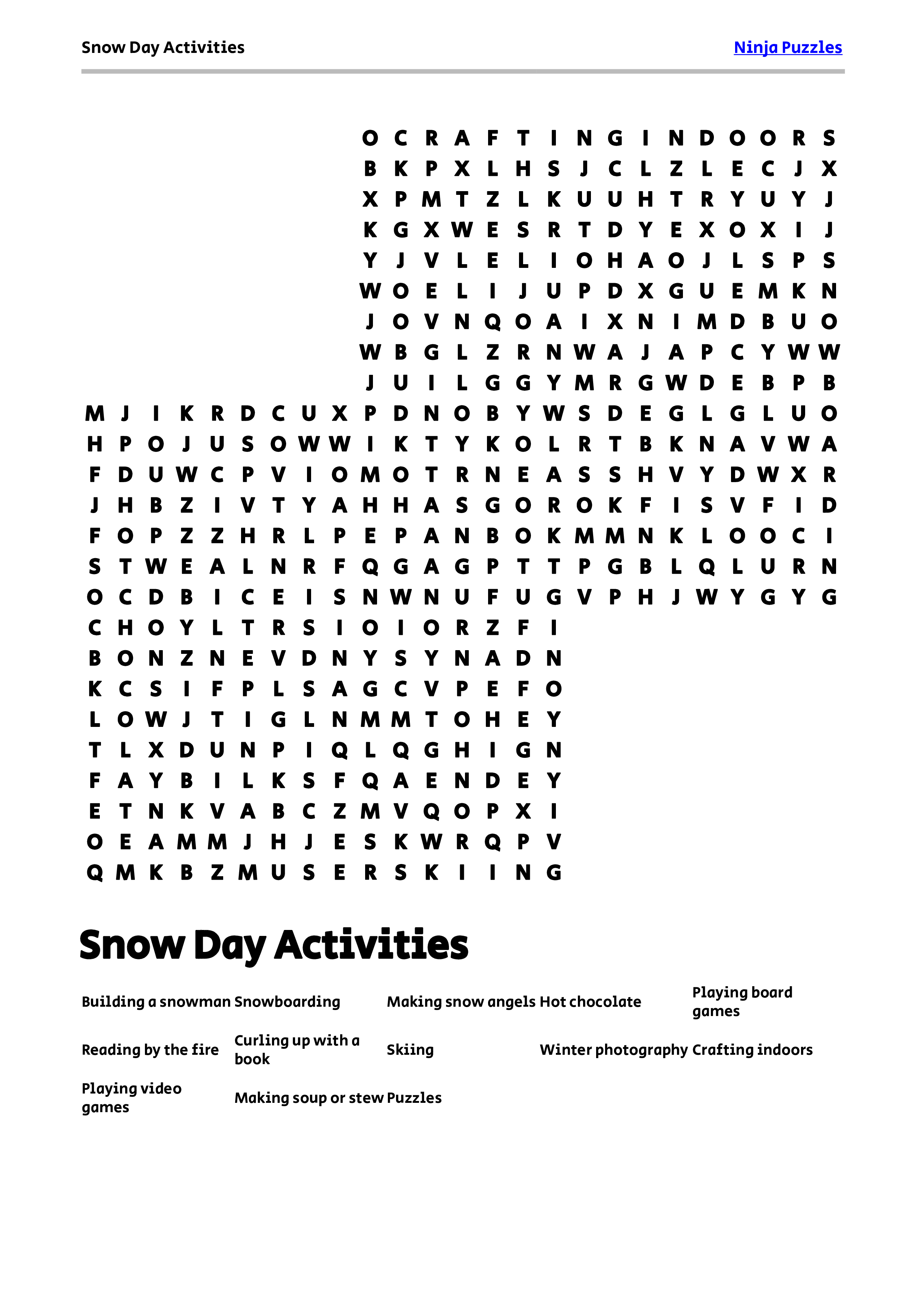 Free Printable Snow Day Activities themed Word Search Puzzle - Free ...