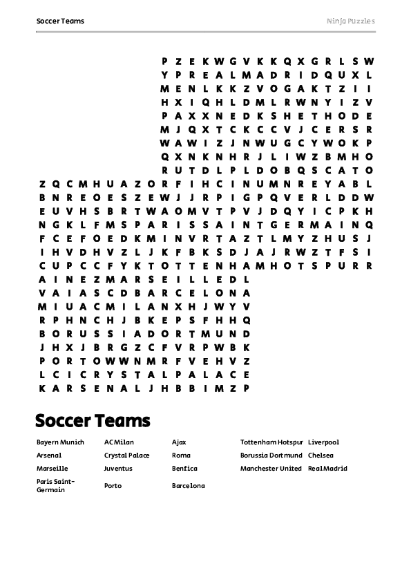 Free Printable Soccer Teams themed Word Search Puzzle - Free Printable PDF