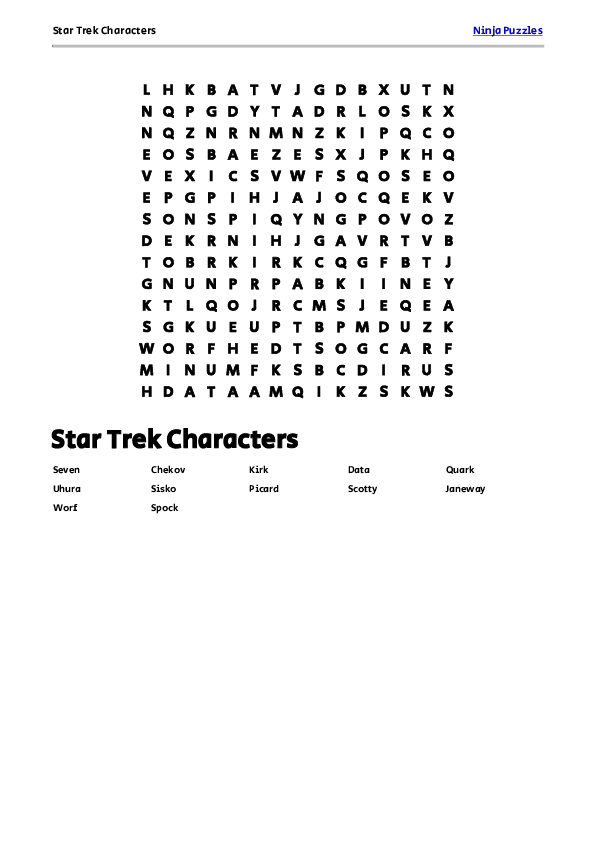 Free Printable Star Trek Characters themed Word Search Puzzle - Free ...
