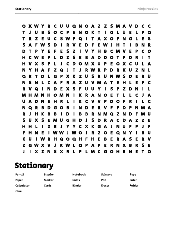 Free Printable Stationary themed Word Search Puzzle - Free Printable PDF