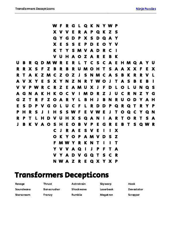 Free Printable Transformers Decepticons themed Word Search Puzzle ...