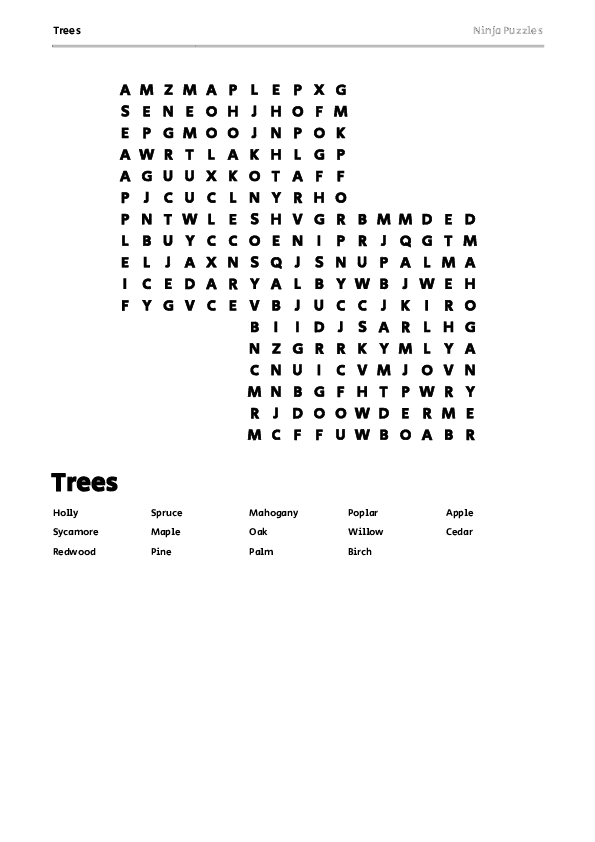 Free Printable Trees themed Word Search Puzzle - Free Printable PDF