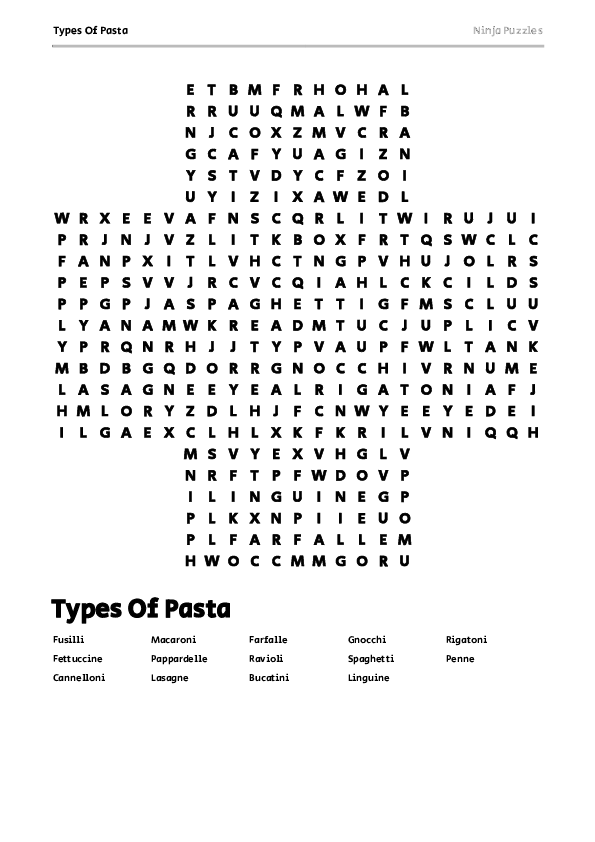 Free Printable Types Of Pasta themed Word Search Puzzle - Free ...